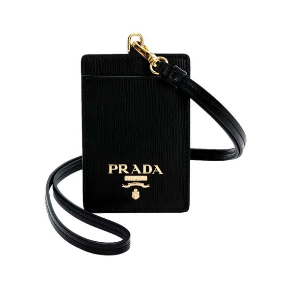 Prada | Bags | Prada Vitello Move Black Leather Logo Plaque Lanyard Cardholder | Poshmark